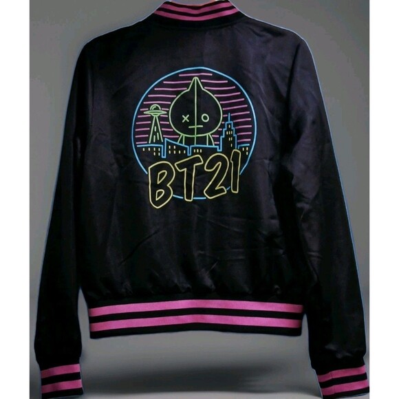 bt21 | Jackets & Coats | Neon Bt2 Bomber Jacket Bts Kpop Satin Black ...